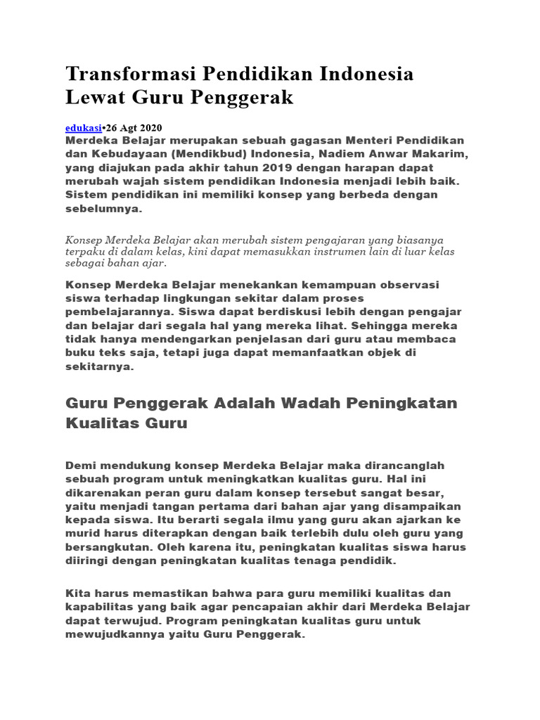 Transformasi Pendidikan Indonesia Lewat Guru Penggerak | PDF