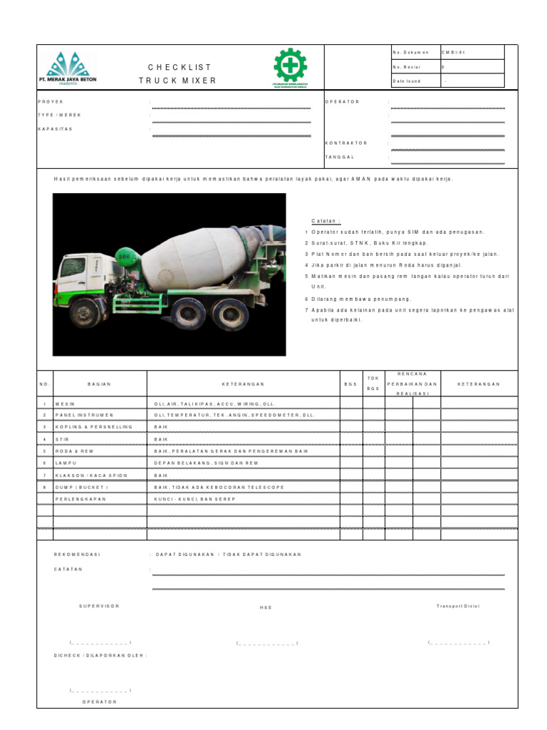 Form Checklist Inspeksi Alat Berat Mbi Tarokan | Download Free PDF ...