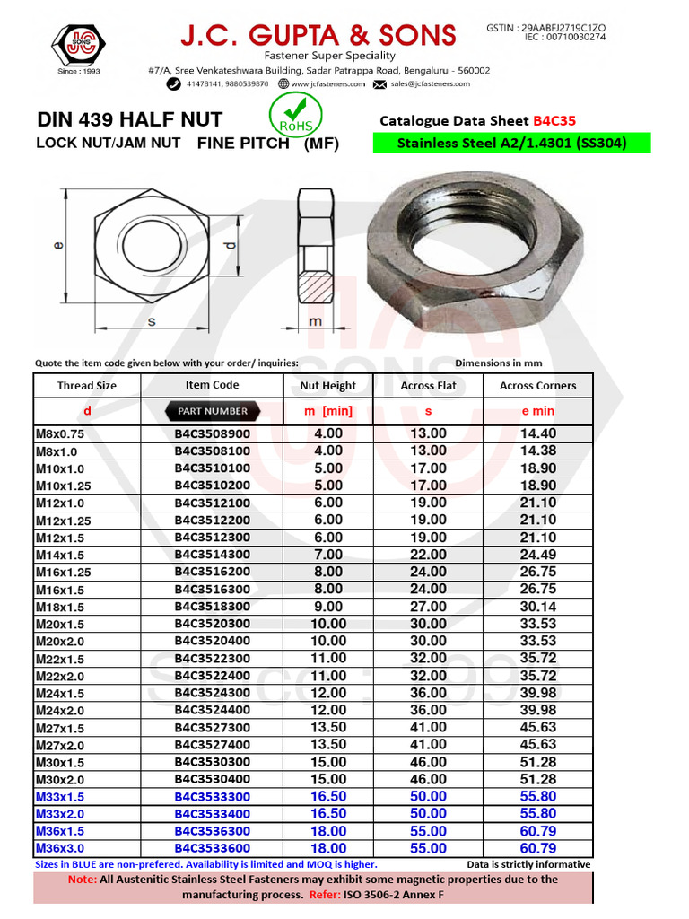 DIN 439 Half Nut Specifications | PDF | Nut (Hardware) | Stainless Steel