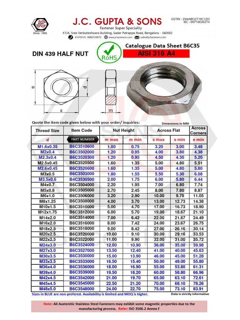 DIN 439 Half Nut B6C35 SS316 | PDF | Nut (Hardware)