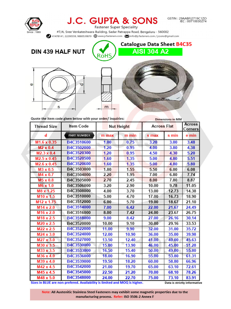 DIN 439 Half Nut B4C35 SS304 | PDF