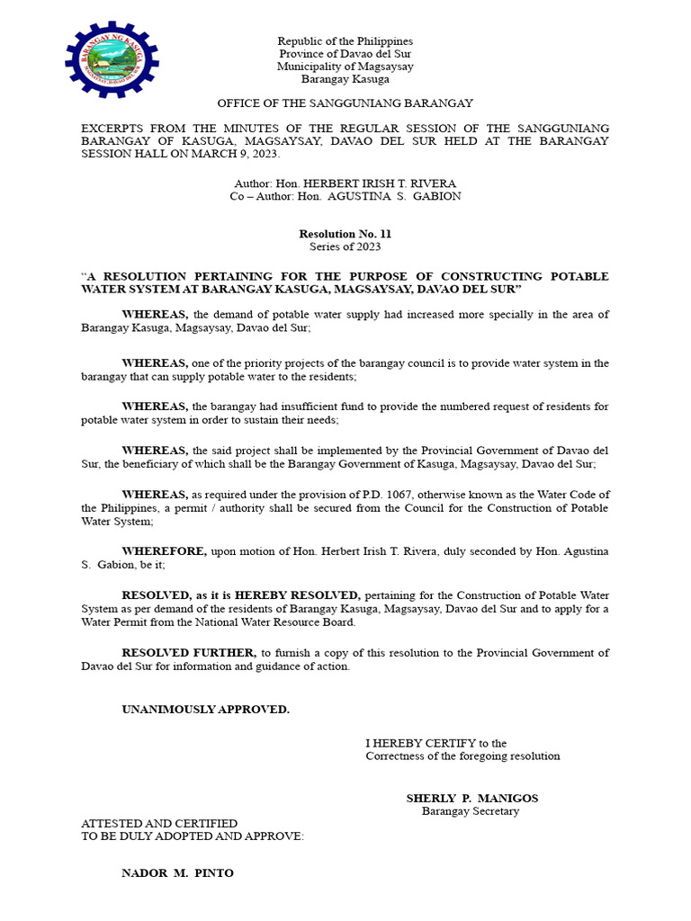 BRGY RESOLUTION FOR POTABLE WATER SYSTEM | Download Free PDF | Government