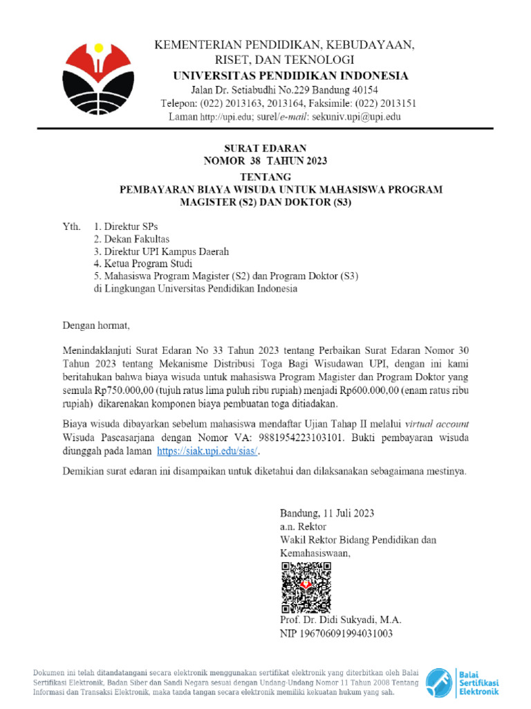 Surat Edaran Nomor 38 Tahun 2023 Tentang Pembayaran Biaya Wisuda Bagi Mahasiswa Program S2 Dan ...