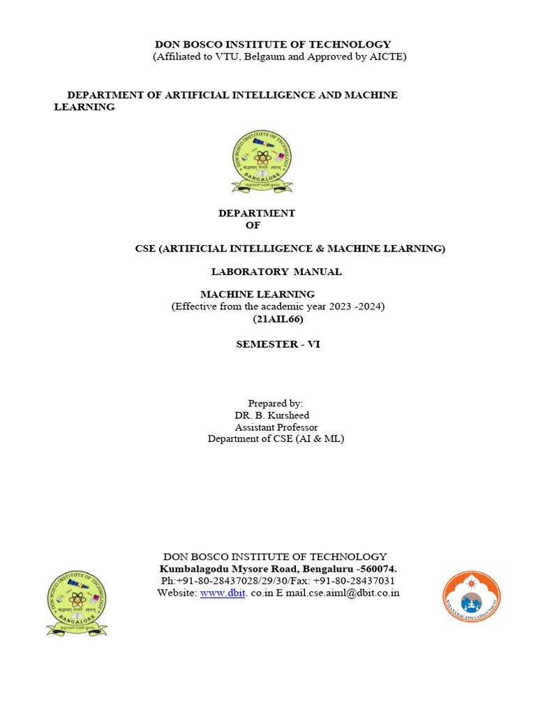 VTU Machine Learning Lab Manual 2023 | PDF | Machine Learning | Engineering