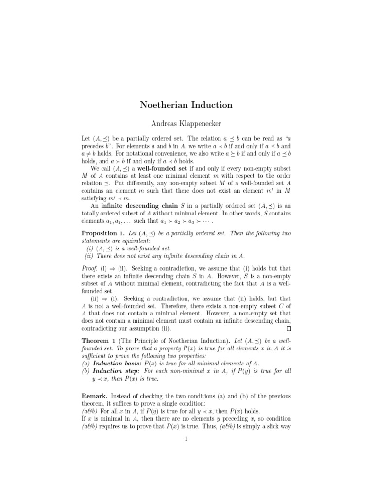 Noetherian Induction | PDF | Abstract Algebra | Syntax (Logic) Noetherian Induction | PDF | Abstract Algebra | Syntax (Logic)