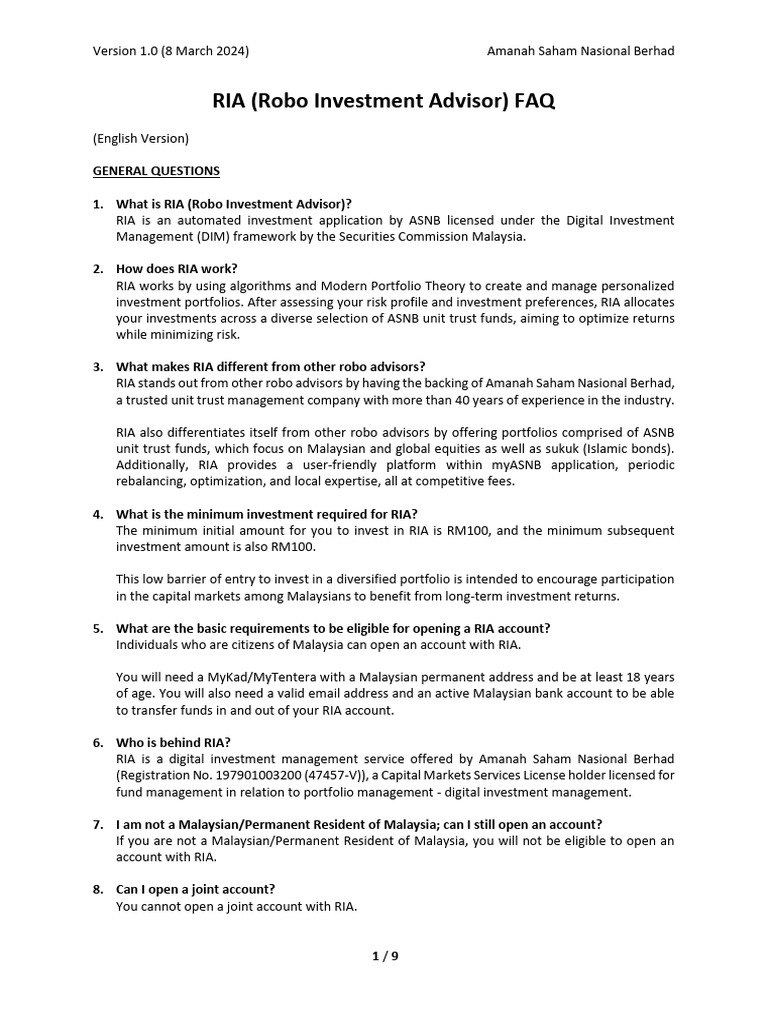 Asnb - Ria Faq | PDF | Modern Portfolio Theory | Investing