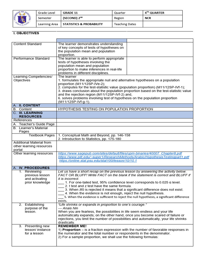 COT3 DLP - Population Proportion | PDF | Statistical Hypothesis Testing ...