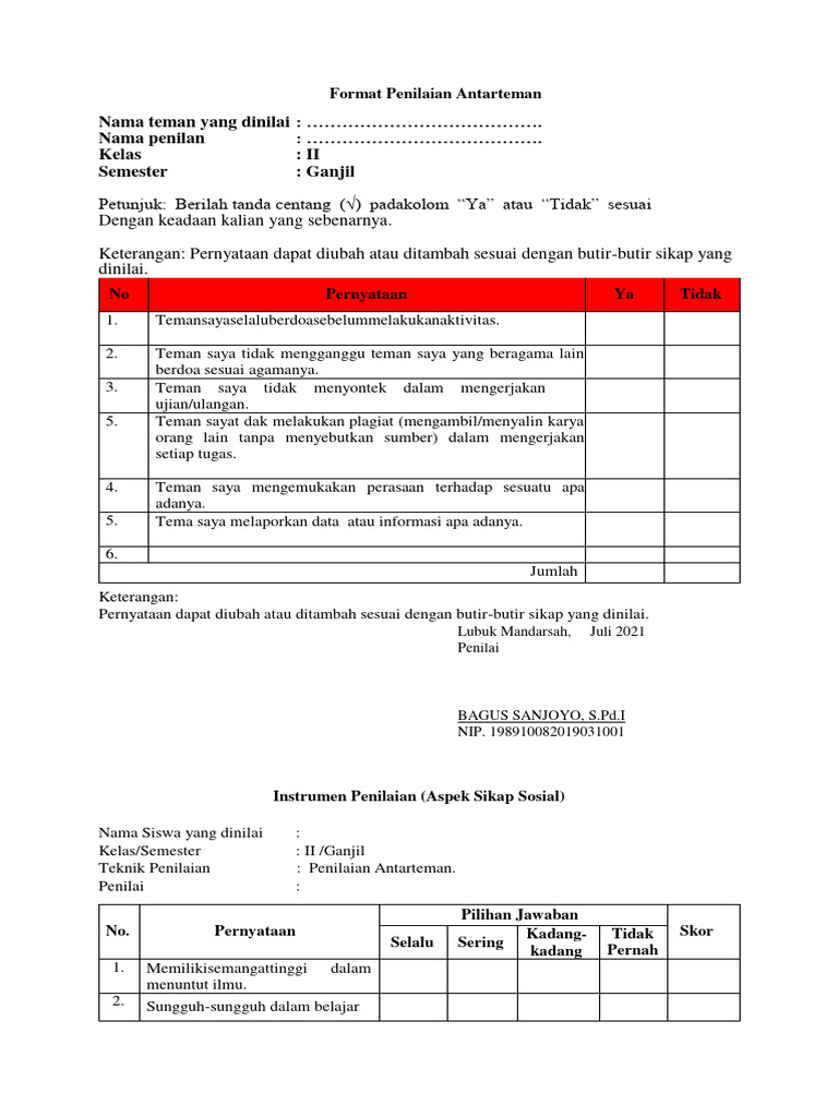 Instrumen Penilaian Kelas 2 | PDF