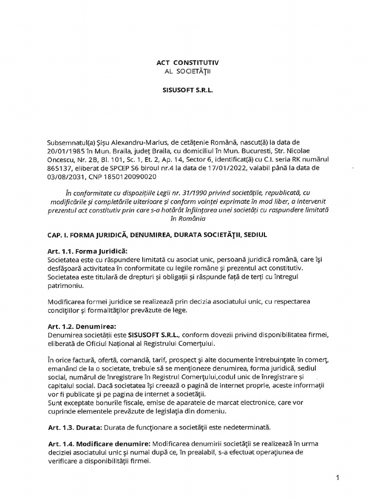 Act Constitutiv Asociat Unic Semnat | PDF