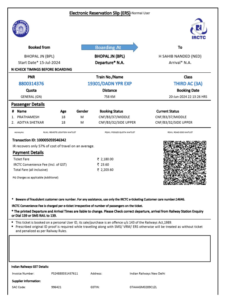 19301/DADN YPR EXP Third Ac (3A) | PDF | Identity Document