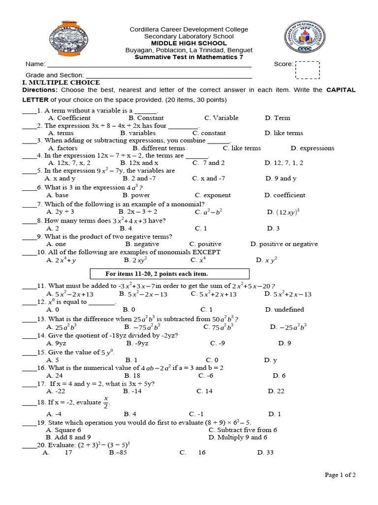 2ND Quarter Summative Test | PDF | Polynomial | Variable (Mathematics)