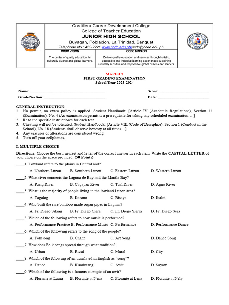 Grade 7 First Grading Exam | PDF | Flexibility (Anatomy) | Physical Fitness