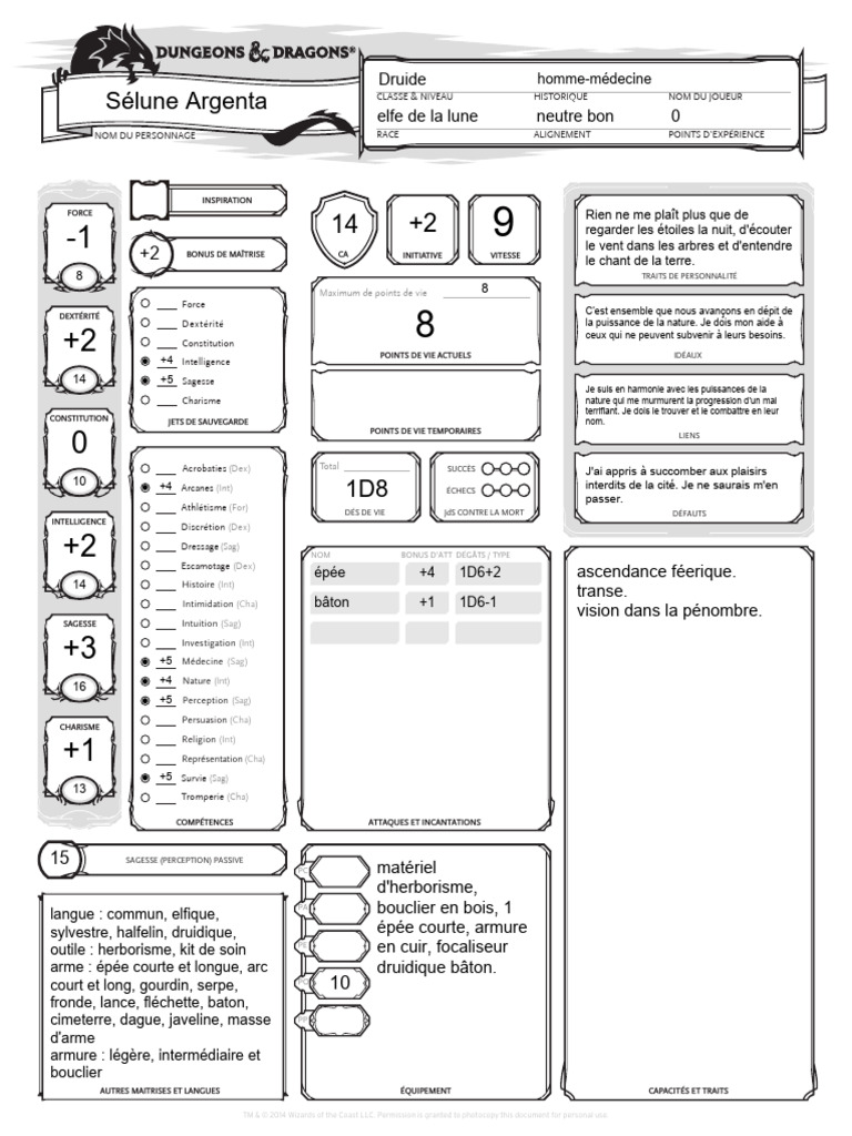 Fiche de personnage Druide Sélune Argenta | PDF