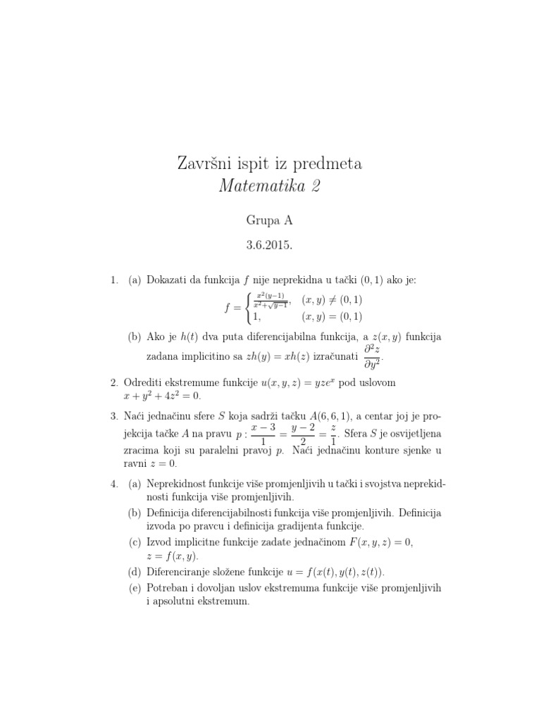 Završni Ispit Iz Predmeta Matematika 2: Grupa A 3.6.2015 | PDF