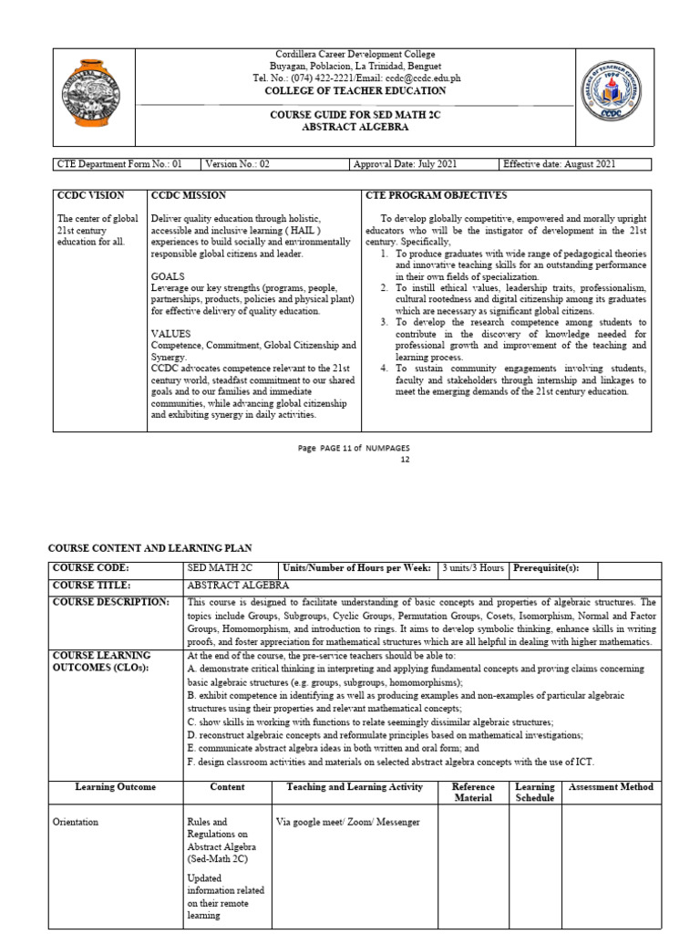 Sed Math2c Syllabus | PDF | Group (Mathematics) | Function (Mathematics)