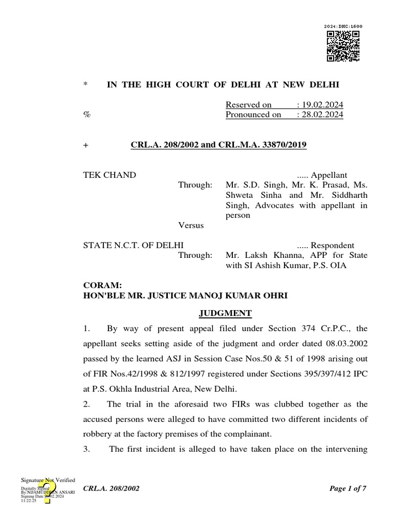 Tek Chand Vs State - CRM Appeal | PDF | Appeal | Judgment (Law)