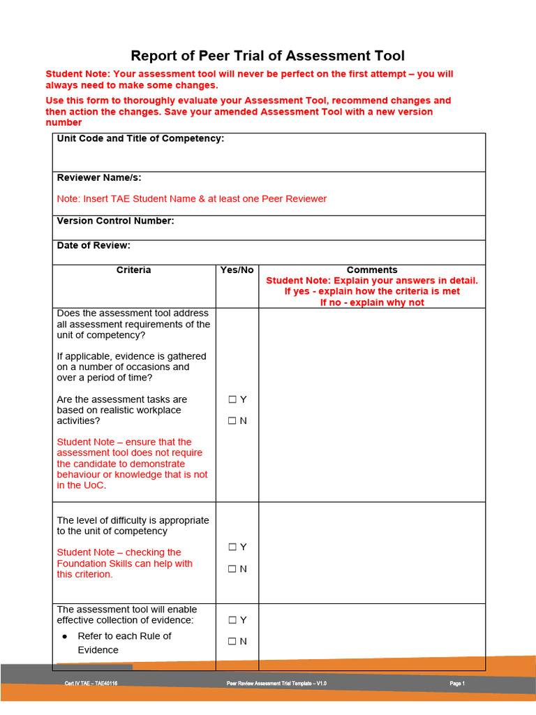 V1.0 TAE40116 - Peer Review Trial of Assessment Tools TEMPLATE | PDF ...