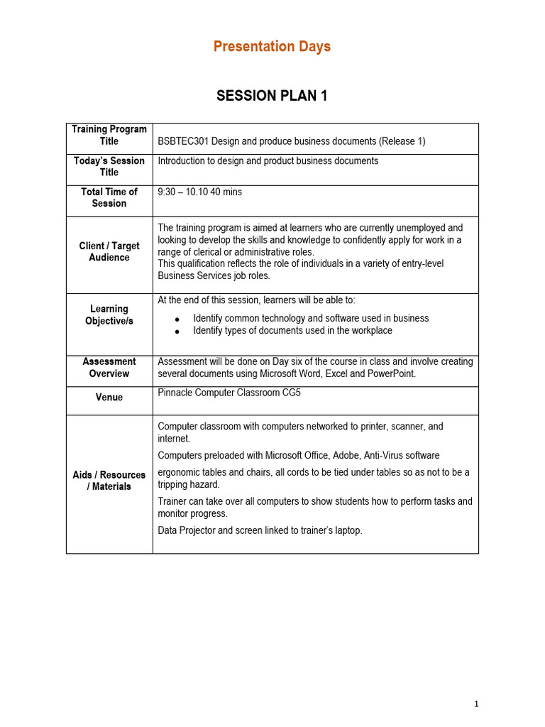BSBTEC301 SESSION PLAN 1 & 2 40 Mins Each For Presentation Days Exemplar | PDF | Microsoft Power ...