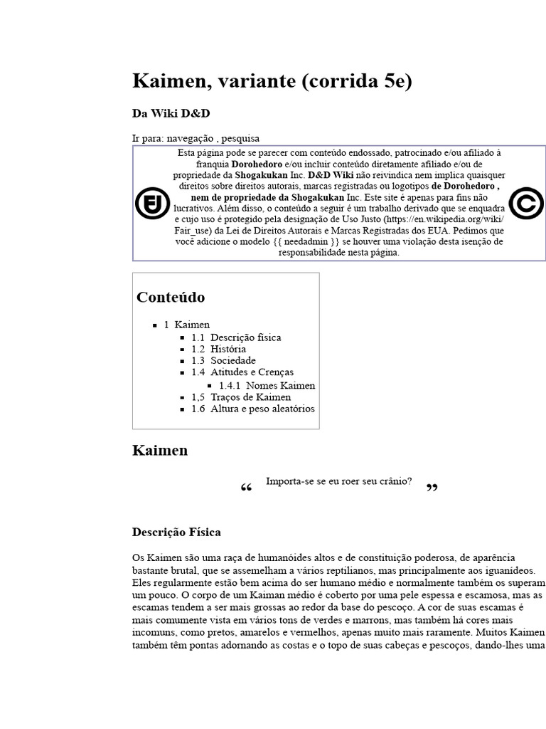 Kaimen: Raça e Cultura em D&D 5e | PDF | Feitiçaria | Wiki