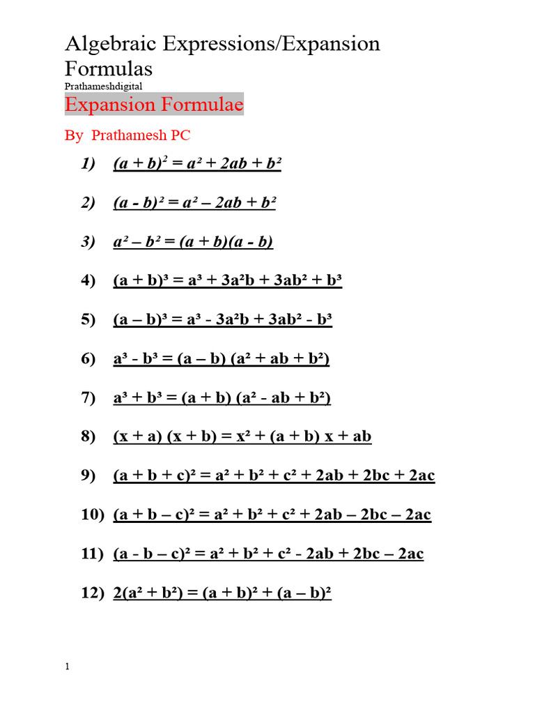 Algebraic Expressions/Expansion Formulas | PDF | Teaching Methods ...