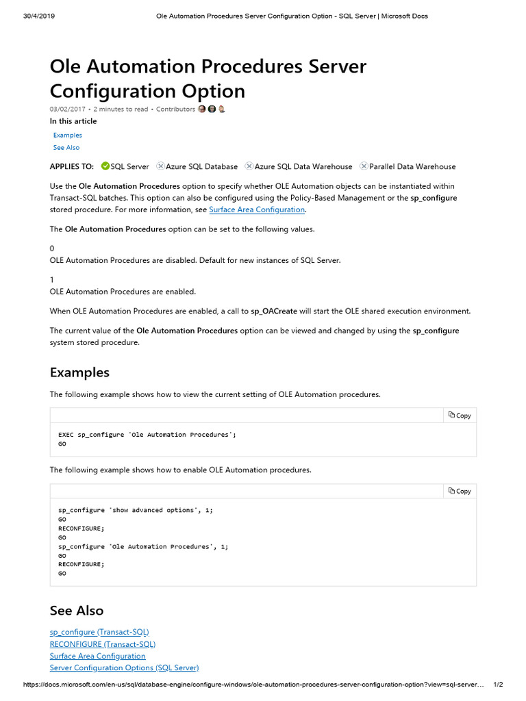 Ole Automation Procedures Server Configuration Option - SQL Server - Microsoft Docs | PDF ...