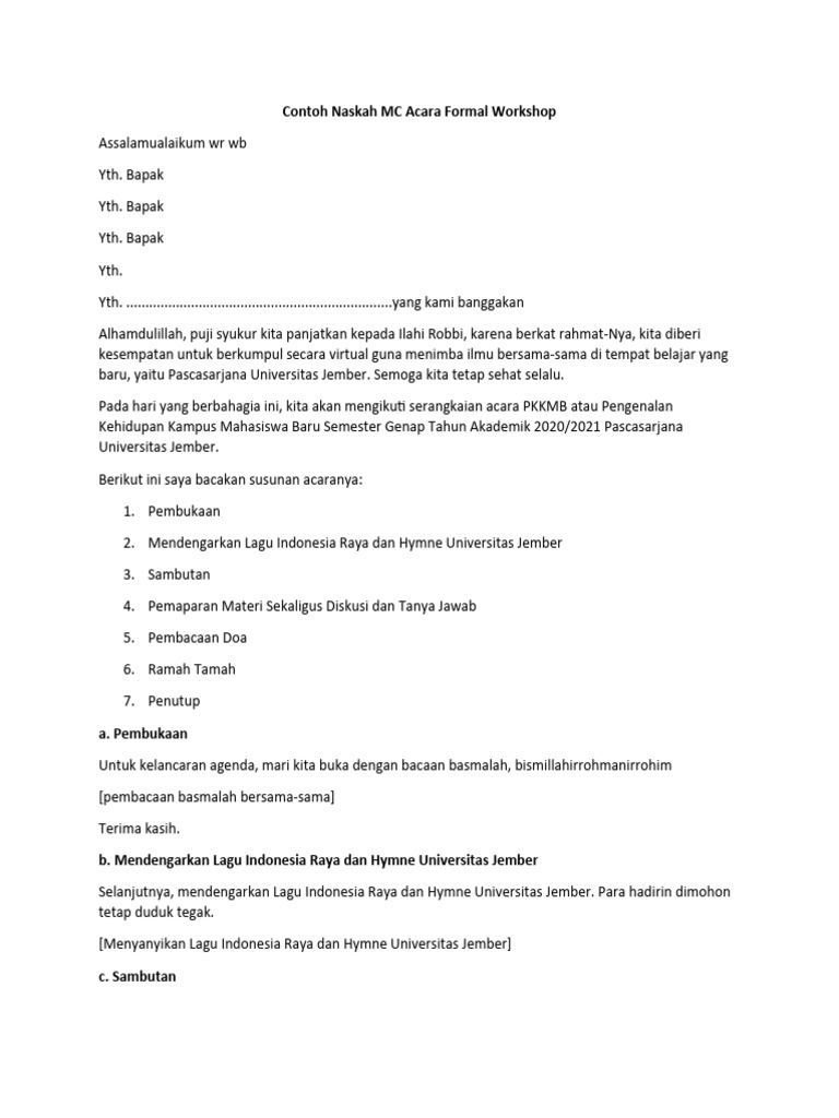 Contoh Naskah MC Acara Formal Workshop | PDF
