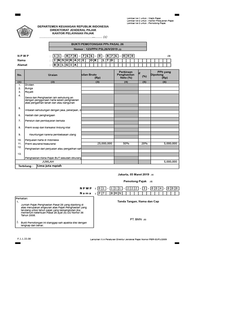 Bukti Potong PPH Ps 23 - Bukti Potong PPH 26 Insurance Ok LTD | PDF
