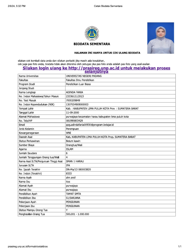 Cetak Biodata KTM Sementara | PDF