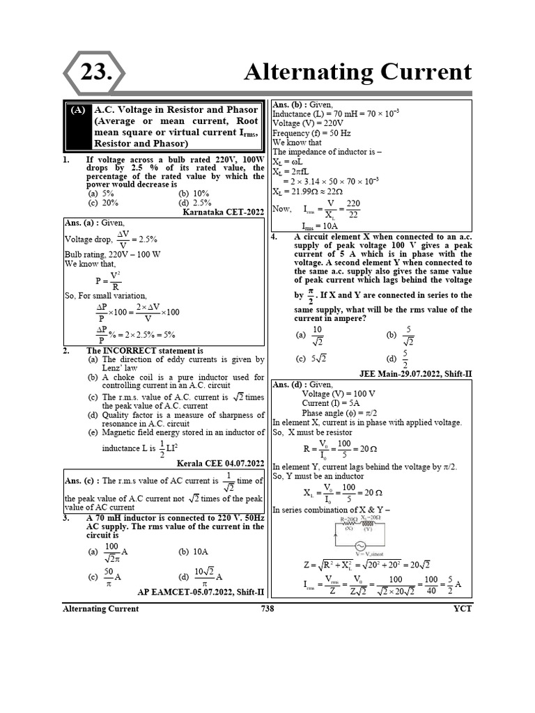YCT Alternating Current NEET JEE Practice Questions | PDF | Electrical Impedance | Inductor