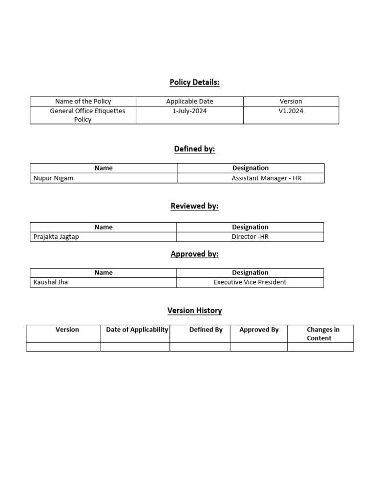 General Office Etiquettes Policy - v1 - 2024 | PDF | Employment ...