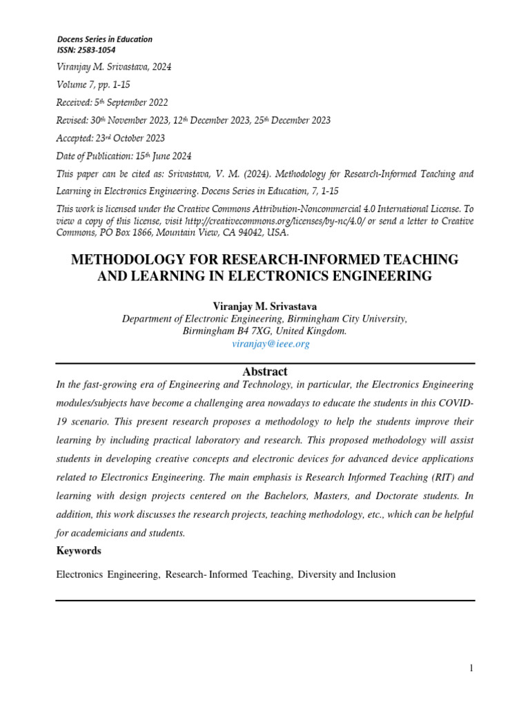 METHODOLOGY FOR RESEARCH INFORMED TEACHING AND LEARNING IN ELECTRONICS