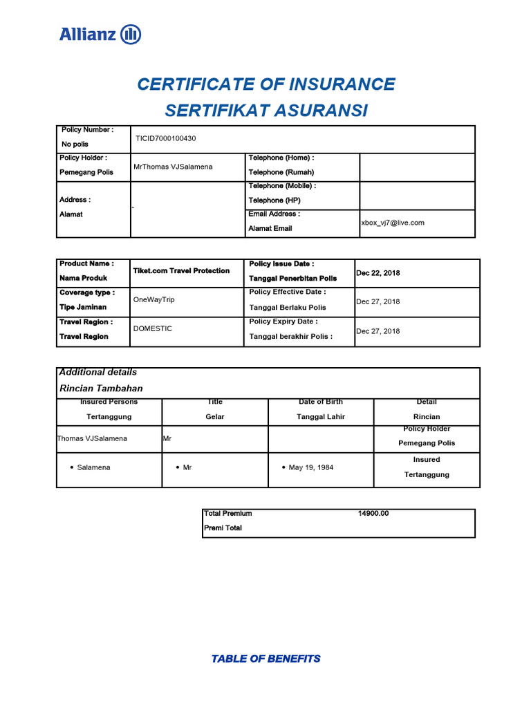 Sertifikat Asuransi Perjalanan Domestik | PDF