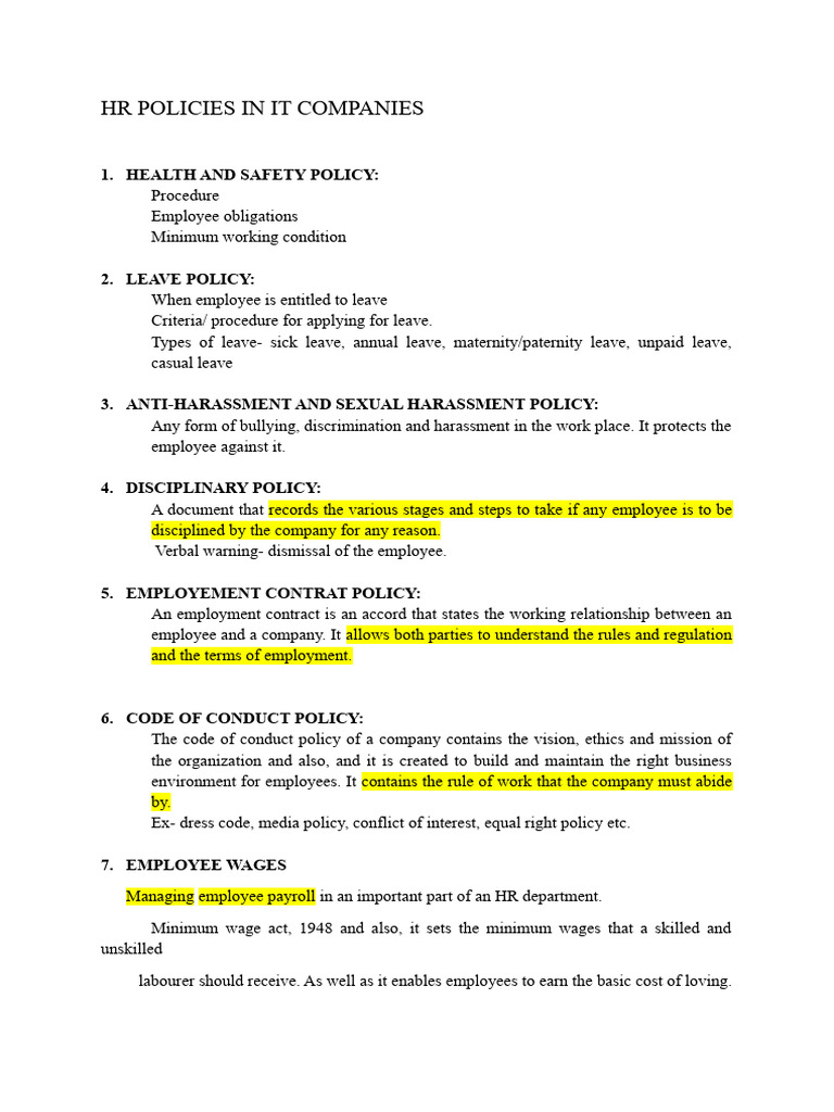 Comprehensive HR Policies for IT Firms | PDF | Cost Of Living | Employment