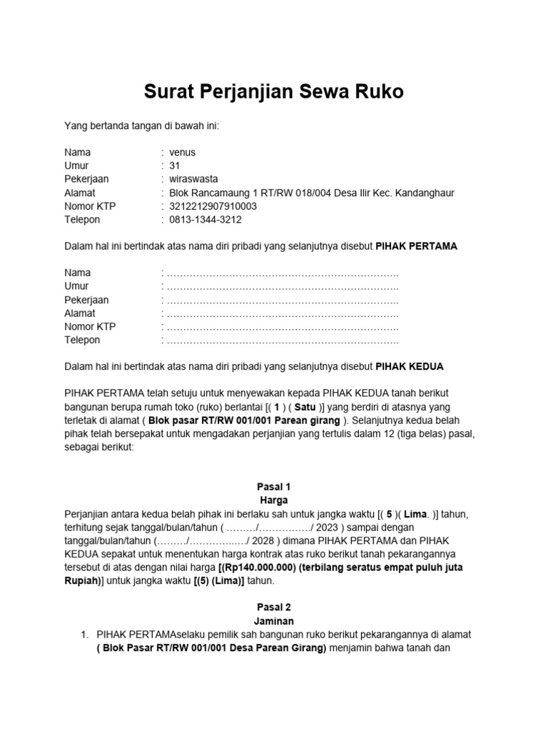 Sewa Ruko Lengkap | PDF | Pengelolaan Keuangan & Uang | Hukum