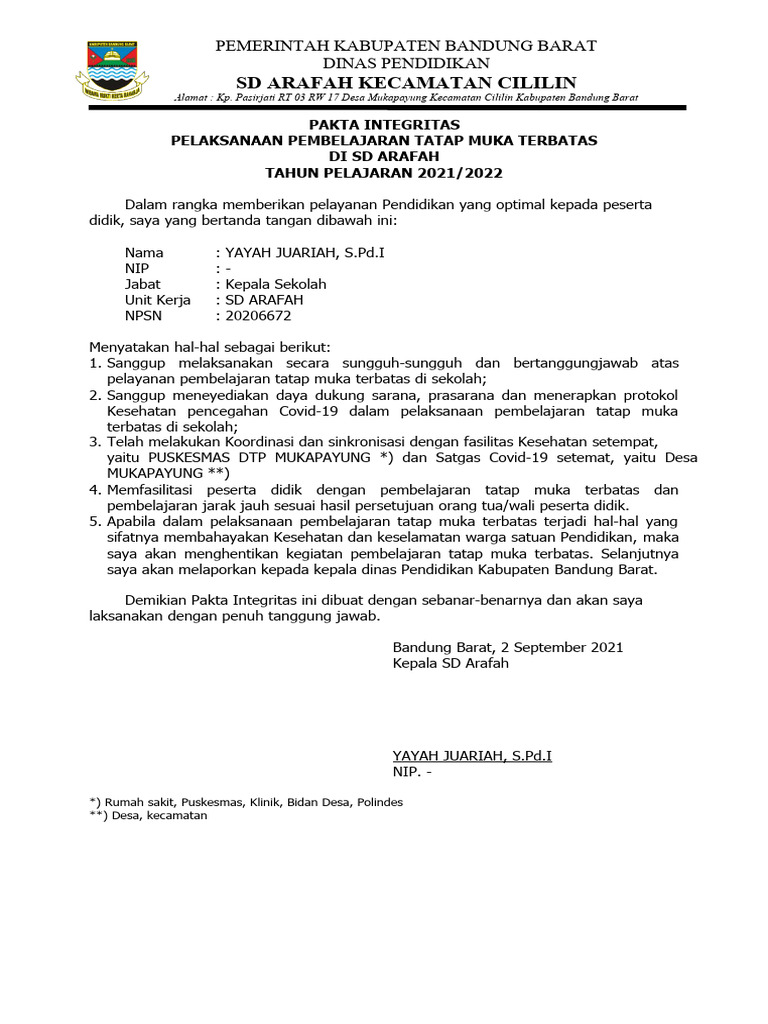 Salinan Lampiran Contoh Format PTMT SD | PDF