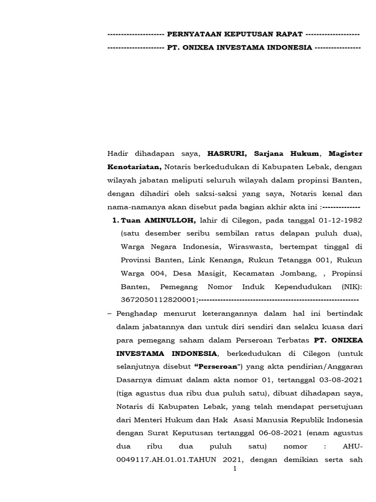 Minuta PKR Onixea Investama Indonesia | PDF