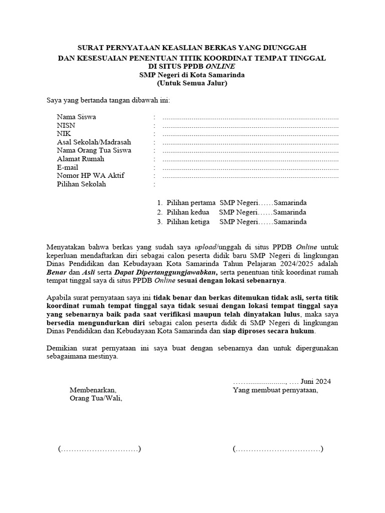 Surat Pernyataan Kebenaran Dan Keabsahan Data Yang Dinput Dan Diunggah Pada Aplikasi PPDB SMP ...