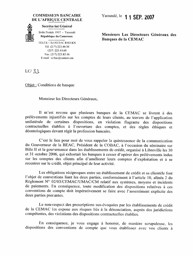 Lettre Circulaire 33 - Conditions de Banque | PDF