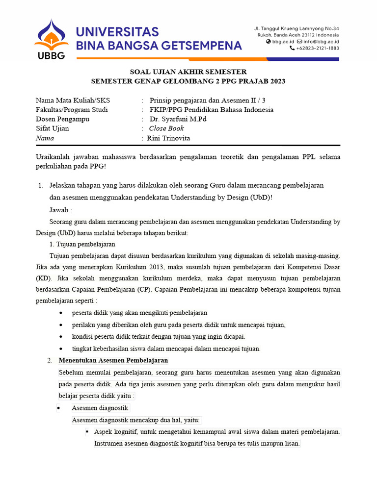 Soal UTS PPG Prajab (Prinsip Pengajaran Dan Asesmen II) | PDF