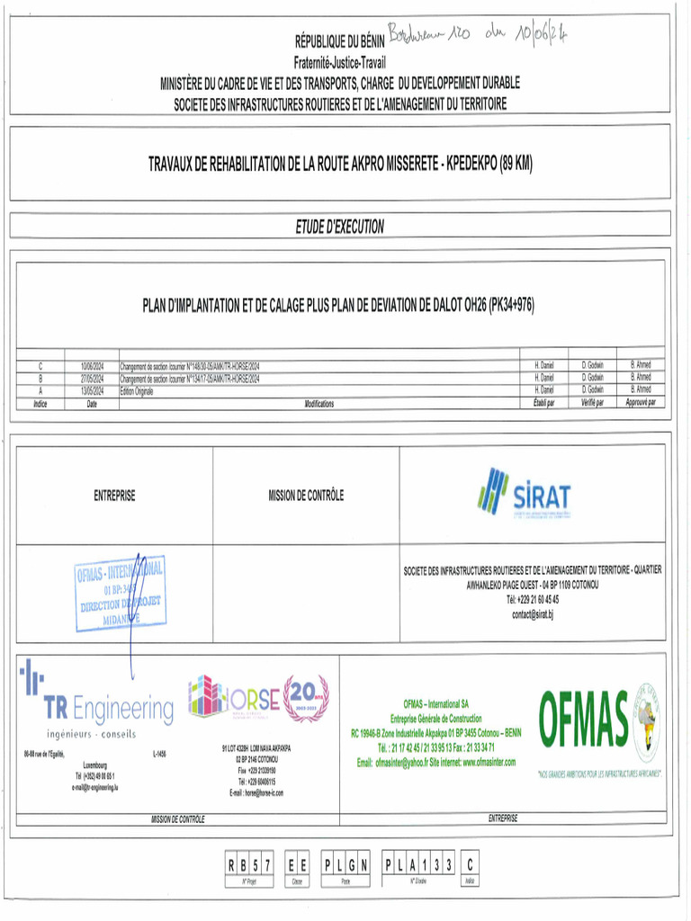 Bordereau 120. Plan d'implantation et de calage plus plan de déviation ...