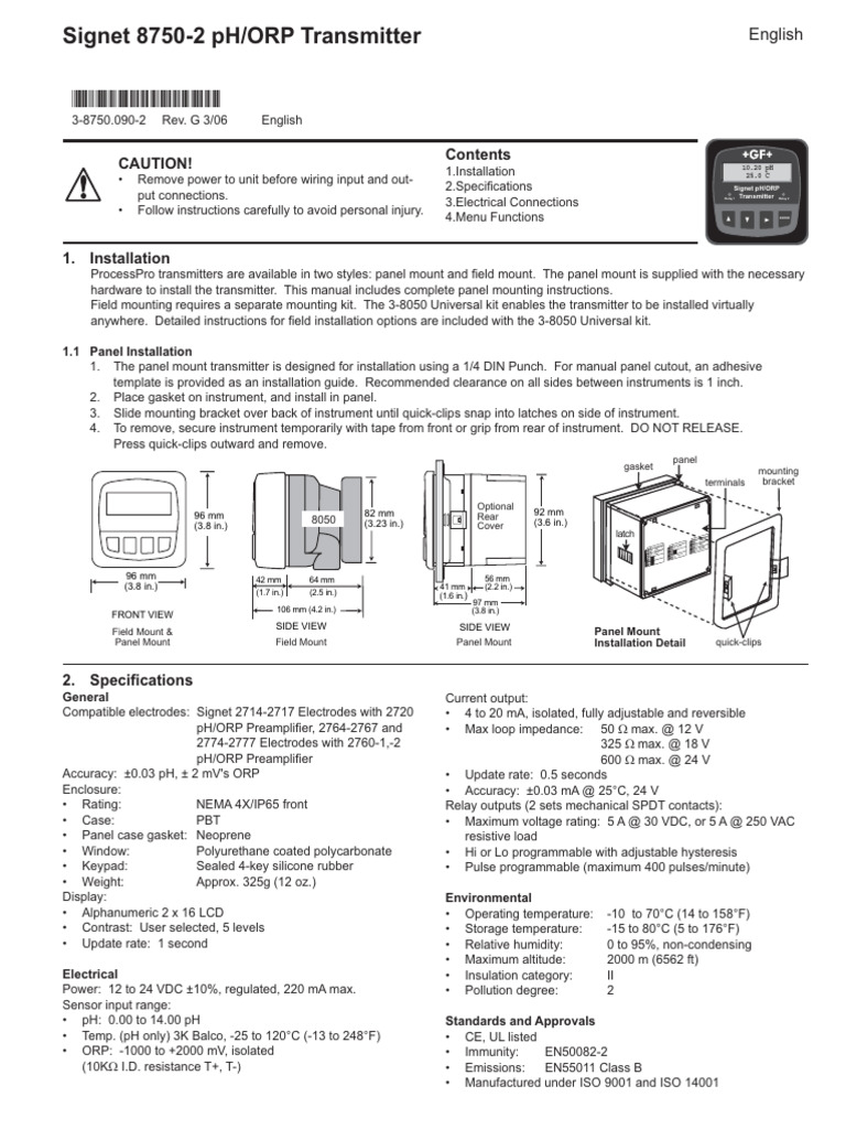 Signet 8750-2 pH/ORP Transmitter Manual | PDF | Relay | Menu (Computing)
