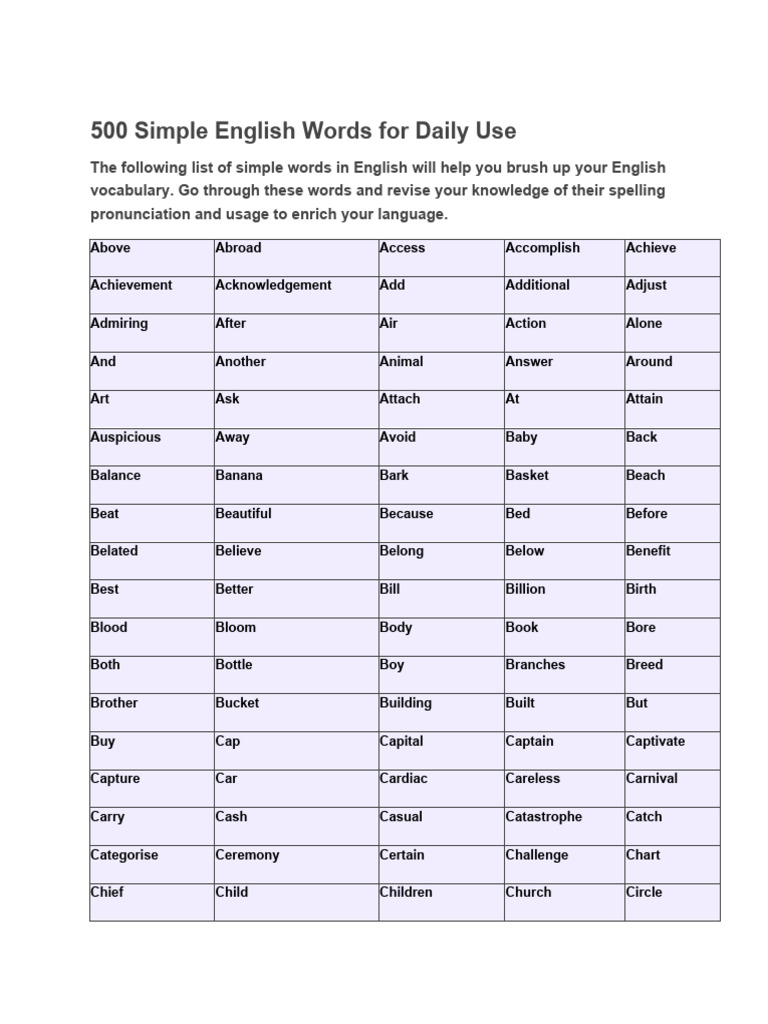 500 Simple Daily Use English Words | PDF