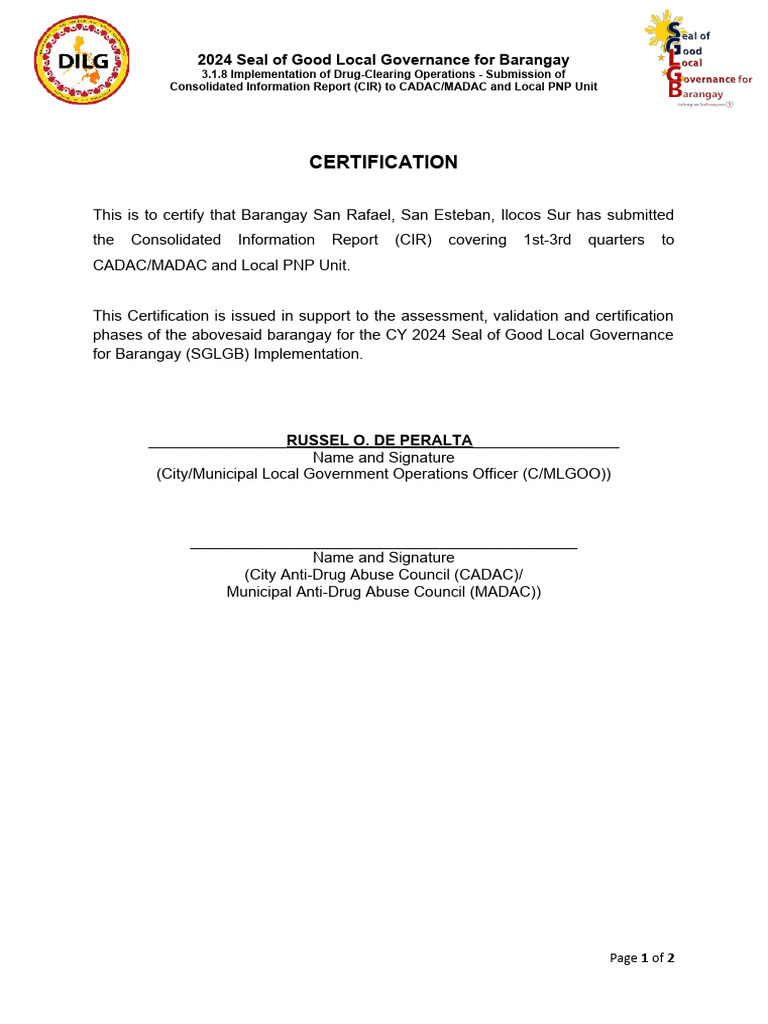 Certification of CIR Submission for SGLGB | PDF