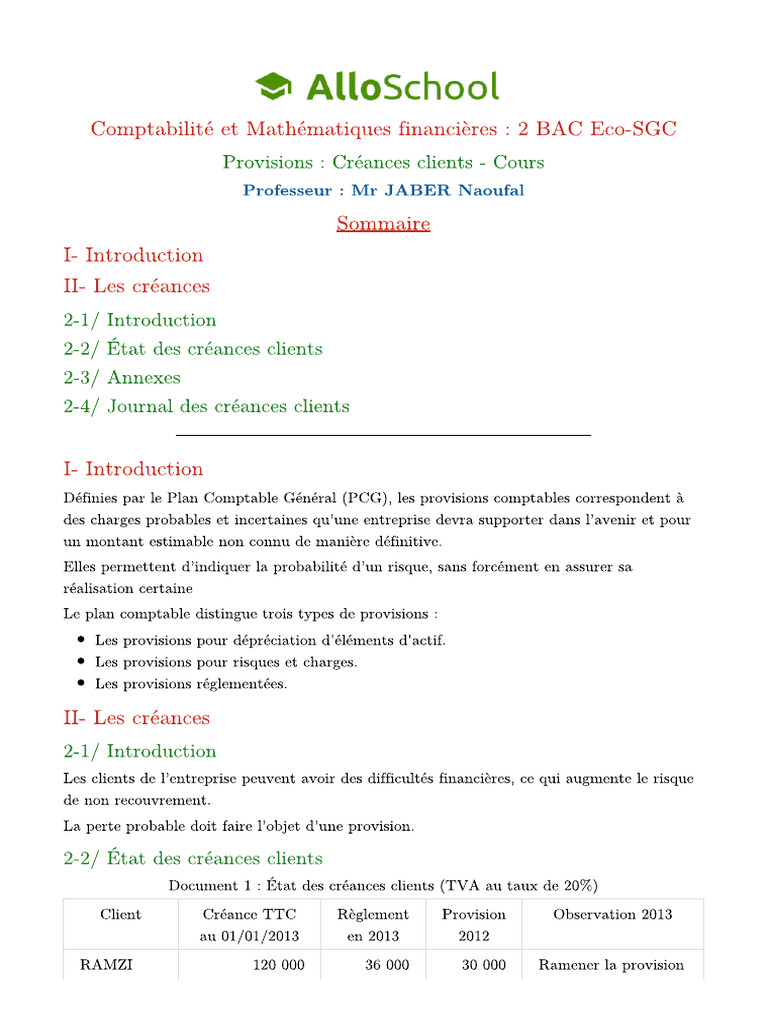 Provisions Creances Clients Cours | PDF