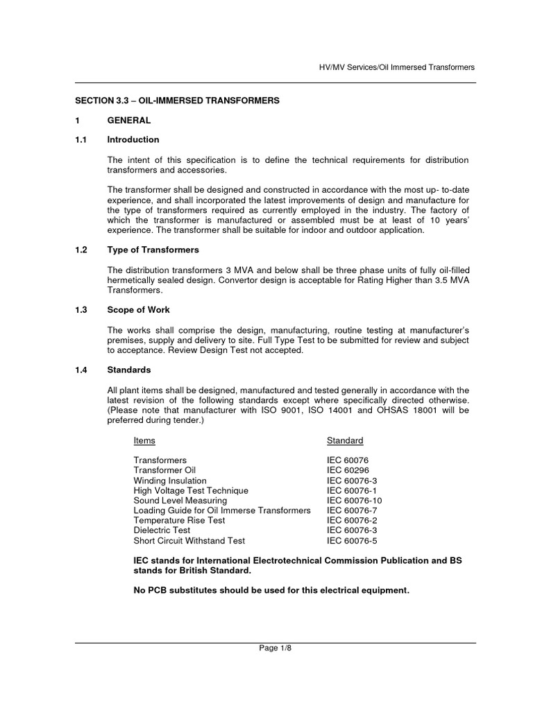 S3.3 - A.5 Electrical Spec - Oil Immrsd TX | PDF | Transformer | Insulator (Electricity)