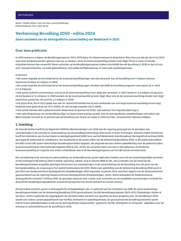 Verkenning Bevolking 2050 - Editie 2024 - CBS | PDF