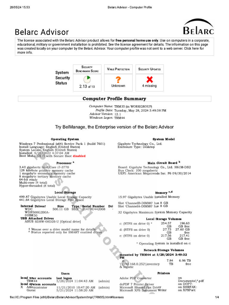 Belarc Advisor - Computer Profile Reza | PDF