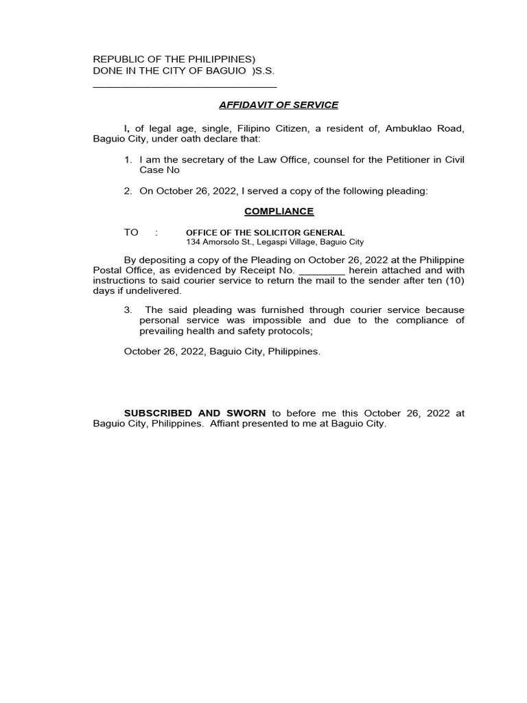Affidavit of Service in Baguio City | PDF | Law
