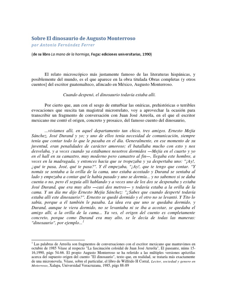 Sobre El Dinosaurio de Augusto Monterroso | PDF | Cuentos