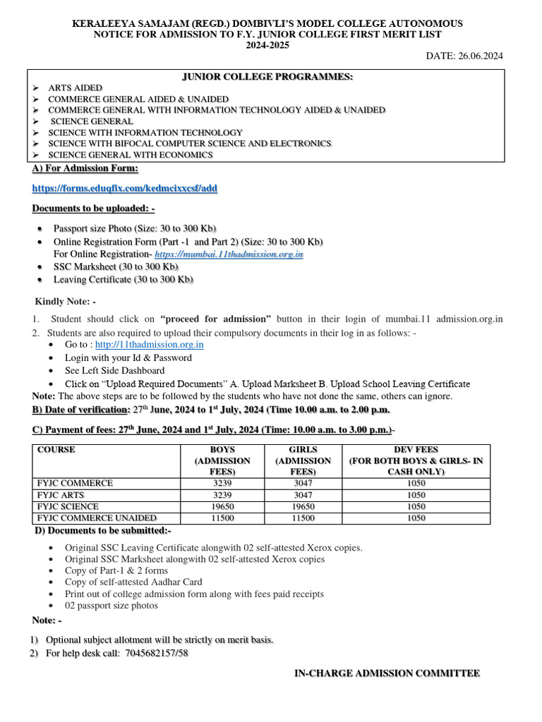 Fyjc First Merit List Admission Notice For 2024 2025 | PDF